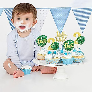 30 PCS Two Wild Cupcake Toppers Glitter Monstera Leaf Two Cupcake Picks Palm Leaves 2nd Birthday Cake Decorations for Jungle Safari Theme Baby Shower Kids Second Birthday Party Supplies