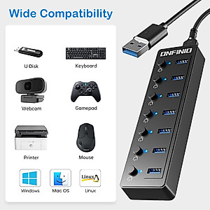 ONFINIO USB Hub, 7 Port USB Hub 3.0 with 3.3ft USB Cable Multiple Port with Individual LED On/Off Switches USB Splitter for Laptop & PC