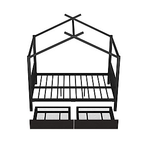 CITYLIGHT Full Size House Bed for Kids, Metal Full Platform Bed Frame with 2 Storage Drawers, Roof, Headboard and Footboard, Full Storage Canopy Bed for Kids, Girls & Boys, Black