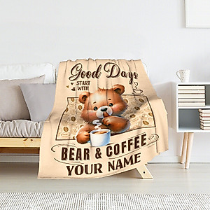 Customized Bear Blanket for Teens - Soft Warm Coffee Throw Blanket with Name - 50" x 60" Inches Blankets for Couch - Funny Throws Gift