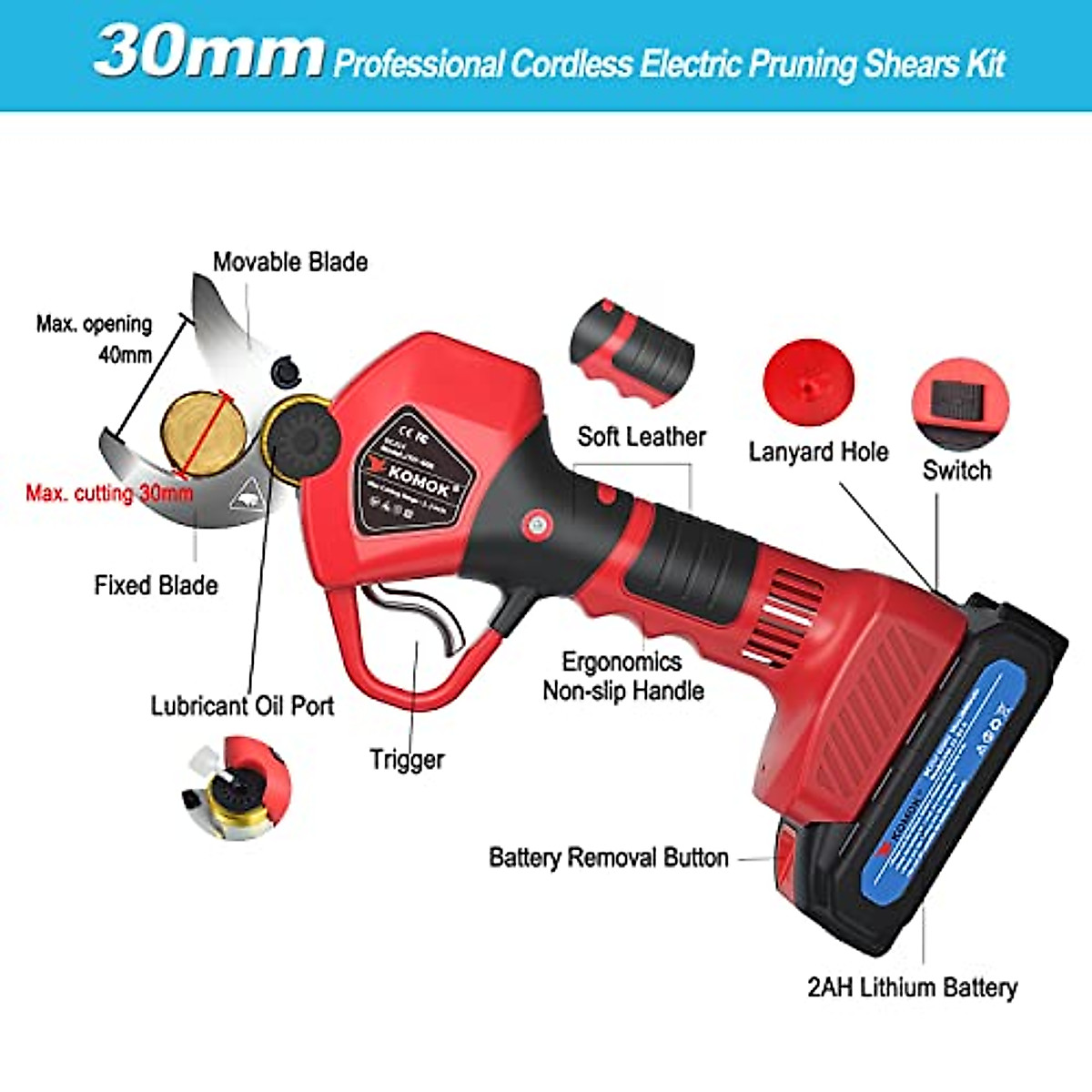 KOMOK Electric Pruning Shears, Professional Cordless Pruning Shears with 2PCS Backup Rechargeable 2Ah Battery Powered Tree Branches Pruner, 30mm 1.2" Cutting Diameter, 6-8 Working Hours