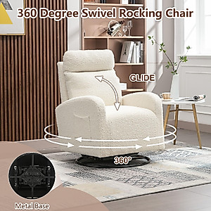 LUCKHAO Swivel Rocking Chair，Nursery Swivel Glide Armchair Teddy Fabric Upholstered Modern Rocking Chairs with High Backrest for Nursery, Bedroom, Living Room（White Teddy