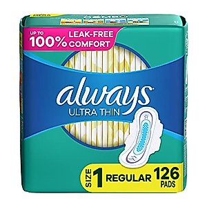 Always Ultra Thin Daytime Pads with Wings, Size 1, Regular, Unscented, 42 Counts x 3 Packs (126 Count total)