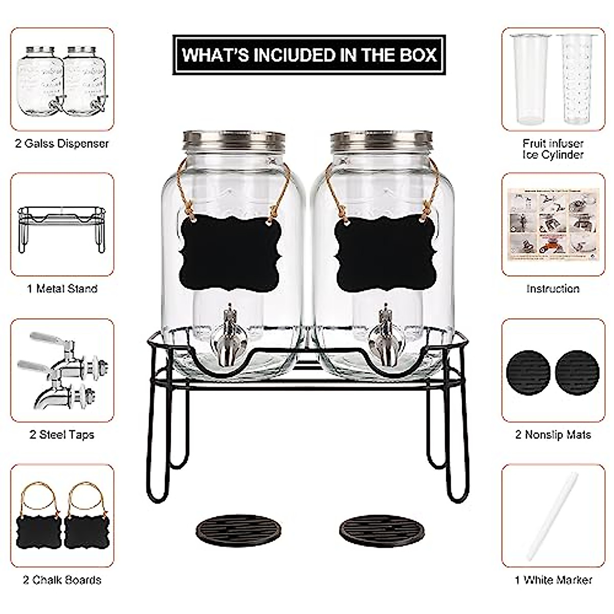 Drink Dispenser (2 Pack) With Metal Stand,Drink Dispensers for Parties,1 Gallon Beverage Dispenser with Stainless Steel Spigot & Lid,Come with Ice Cylinder,Fruit Tube and 2 Rubber Mats