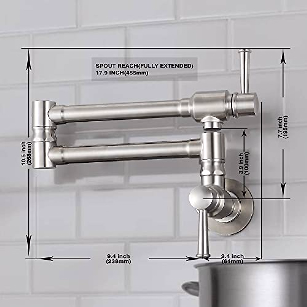 JZBRAIN Pot Filler Faucet Wall Mount Stainless Steel Commercial Pot Filler 5.5 GPM Heavy Duty Style with Folding Stretchable Double Joints 2 Handles