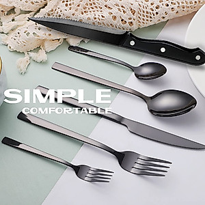 JGJGJG Silverware Set,24 Piece Stainless Steel Flatware Cutlery Set Service For 4,Include Steak Knives/Knife/Fork/Spoon,Mirror Finish, Dishwasher Safe Perfect For Home Kitchen Restaurant (Black)