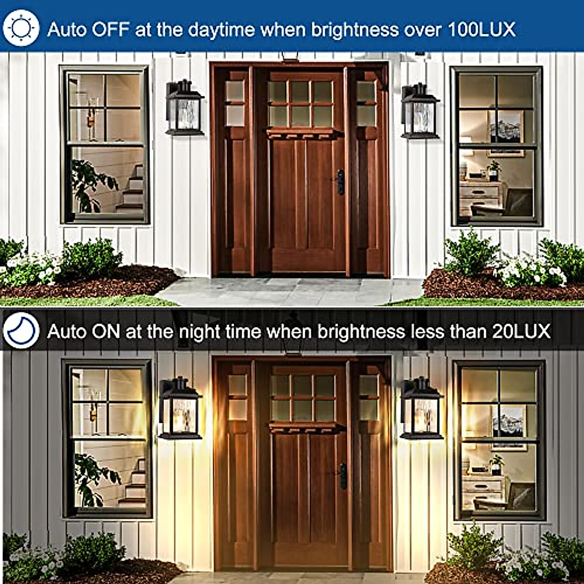 Dusk to Dawn Outdoor Porch Lights with 2 GFCI Outlets, Waterproof Wall Lights Mount for House, Aluminum Anti-Rust Exterior Light Fixture, Wall Sconce, Wall Lamp, Wall Lantern for Balcony, Garage