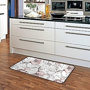 Pink Rose Flower Gray Leaves Kitchen Rugs Floor Mat Anti Fatigue Kitchen Mats Non Skid Washable Bath Rug Runner Doormats Carpet Sink Mat Home Decor 39 X 20 inch