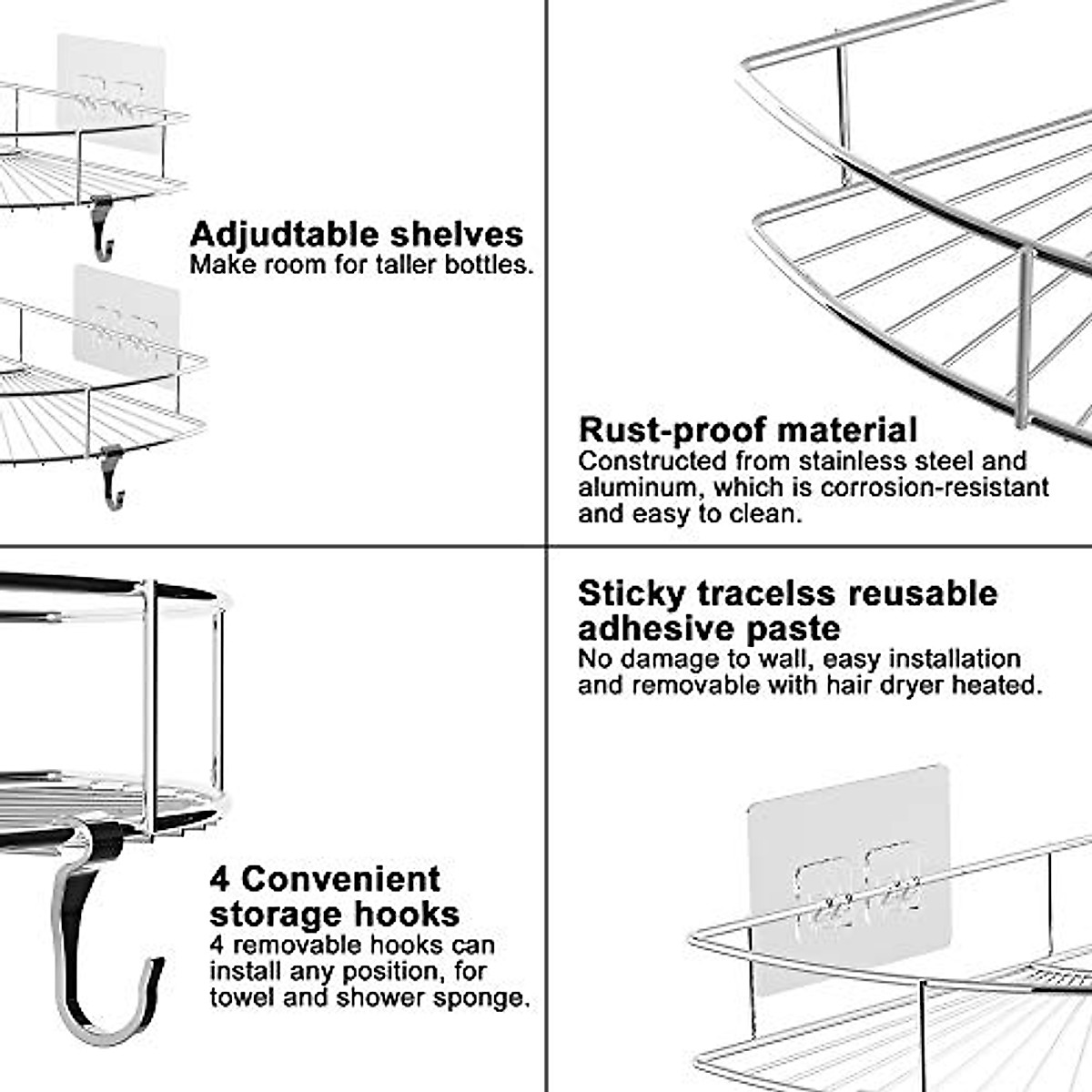 2-Pack 9" Rustproof Stainless Steel Corner Shower Caddy, Adhesive Bathroom Wall Mounted Storage Accessories Shower Shelf Organizer, Chrome