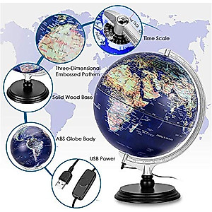 World Globe,Raised Relief Topographical Globe,Built-In LED Light for Night View for Learning Education Teaching Demo Home Office Desk Decoration