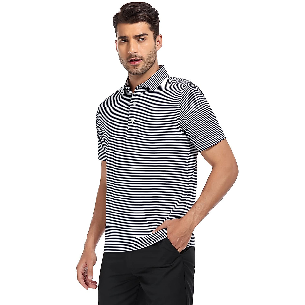 DEOLAX Mens Polo Shirts Classic Striped Golf Polo Shirts Short Sleeve Dry Fit Performance Wicking Moisture Polo Shirt for Men