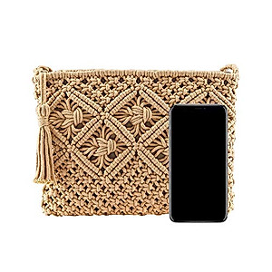 Ayliss Women's Handwoven Crossbody Handbag Summer Beach Shoulder Handbag Cotton Crochet Woven Handmade Purse Bag Tassel (Khaki)