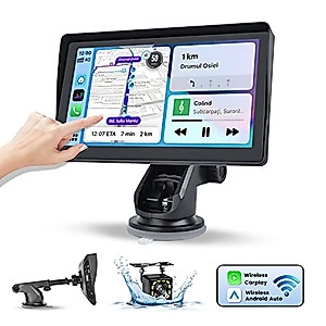 Hikity 7 Inch HD Portable Wireless Apple Carplay and Android Auto Screen, Bluetooth Car Stereo with Airplay Siri AUX USB FM Transmitter Backup Camera for All Vehicles