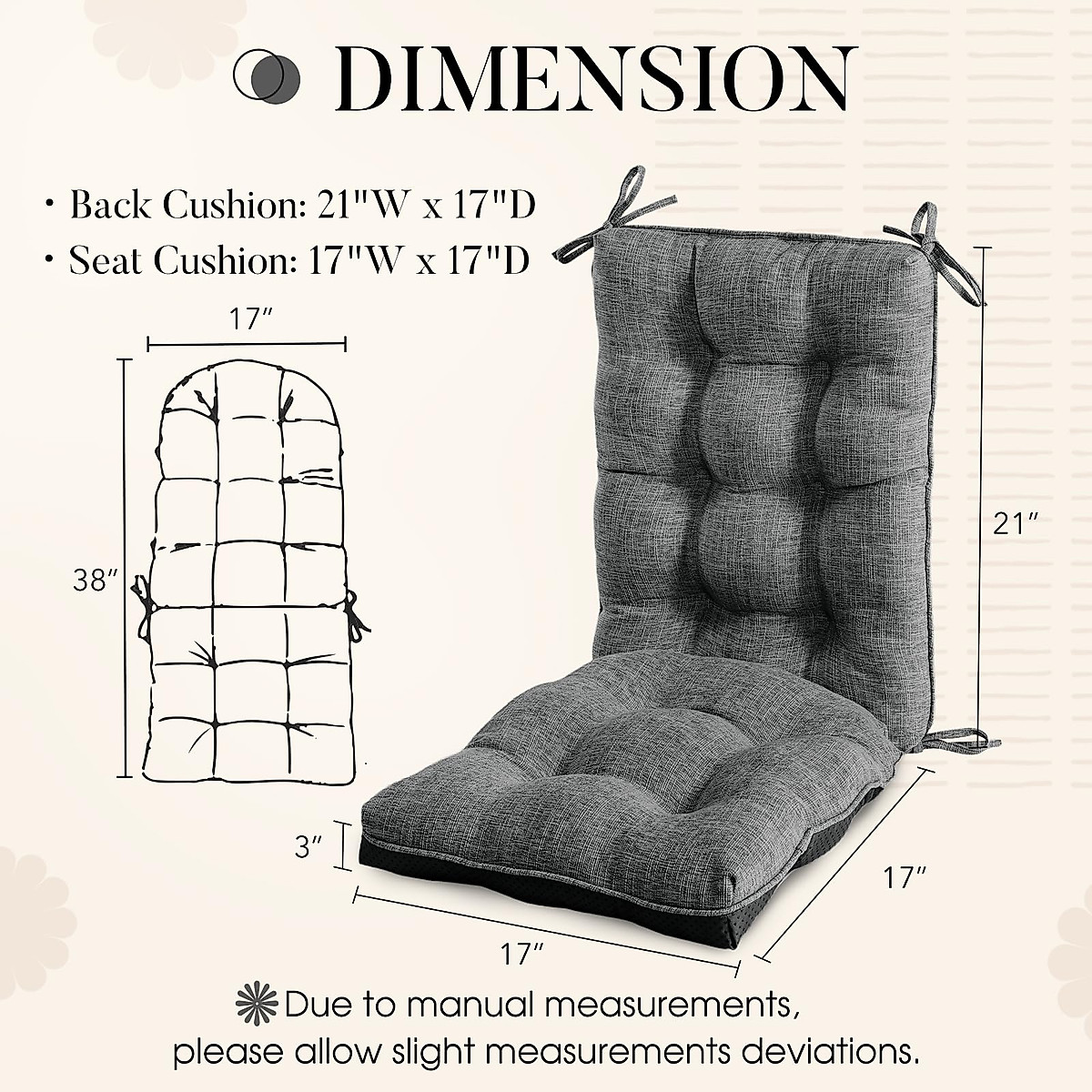 Basic Beyond Rocking Chair Cushions Set of 2, Porch Rocker Cushions for Wooden Rocking Chairs Outdoor with Thick Padding, Back Cushion with Ties, Tufted Seat Cushion with Non-Slip Backing(Dark Grey)