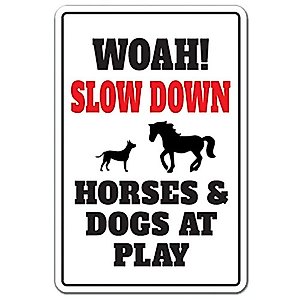 Slow Down Horses & Dogs at Play Aluminum Sign Animal Speed Limit Driving | Indoor/Outdoor | 18" Tall