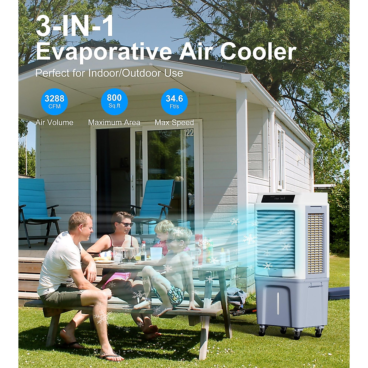 MEPTY Evaporative Air Cooler, 3288CFM Swamp Cooler, Portable Air Cooler Fan with Remote Control, 3 Speeds, 120°Oscillation, 12H Timer for Indoor & Outdoor Patio Garage Use,10.6 Gallon,42inch