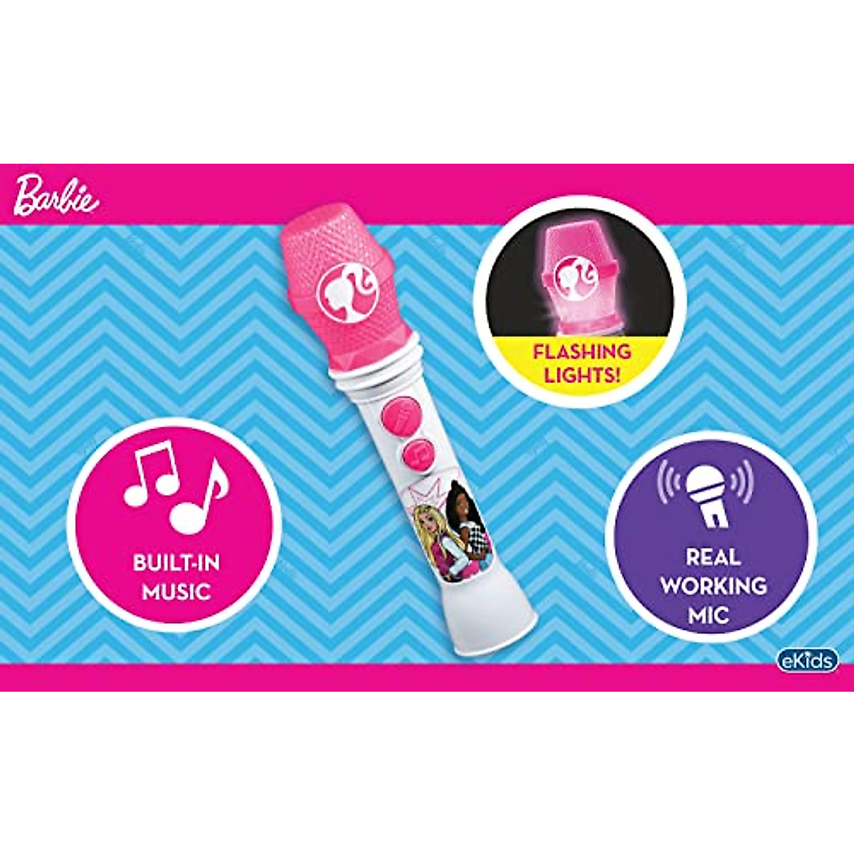 EKids BE-070.11Mv22 Barbie Microphone for Kids, Built-in Music and Flashing Lights for Fans of Disney Toys for Girls, Black