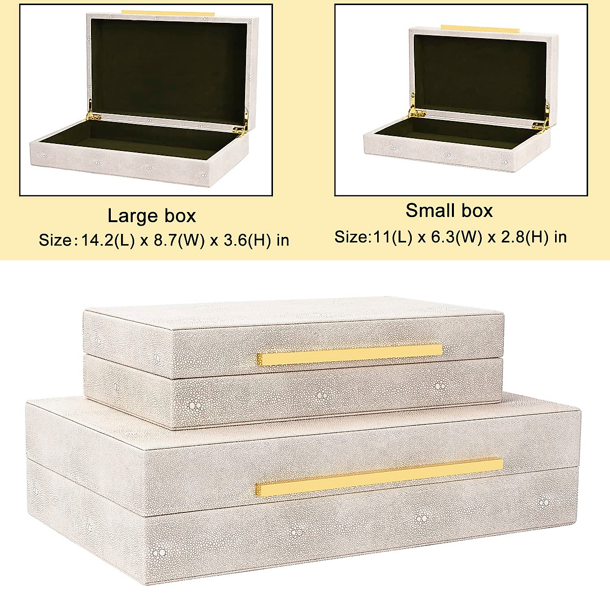 SYYSY Ivory Shagreen box Faux Leather Set of 2 Decorative Boxes,Large Stacking Storage Decorative Boxes with Lids for Modern Home Decor Jewelry Box Organizer