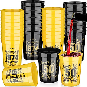 Shojoy 40 Pack Happy 50 Birthday Party Cups Black and Gold Birthday Stadium Cups 8 Ounces Reusable Plastic Tumblers for Birthday Anniversary Party Supplies Decors