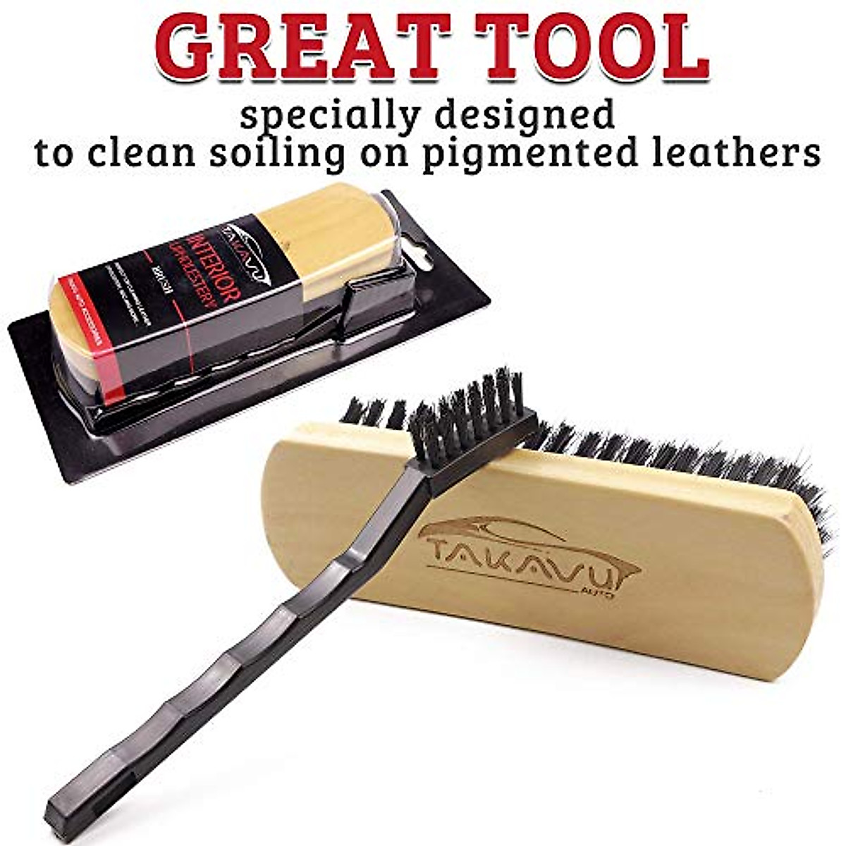 Leather & Textile Shine Brush by TAKAVU, Durable Soft Nylon Bristles, Included Detailing Cleaning Brush, Unique Concave Design Wood Handle for Car Interior Seat Carpet Upholstery Couch Boots Shoes
