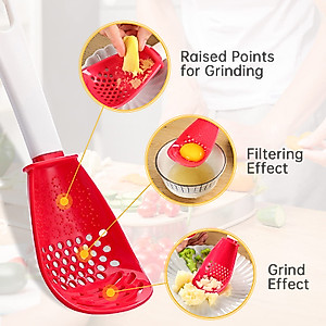 2Pack Multifunctional Kitchen Cooking Spoon, Slotted Spoon for Cooking Strainer Spoon, All in One Garlic Press Grinder Kitchen Spoons for Mashing Draining