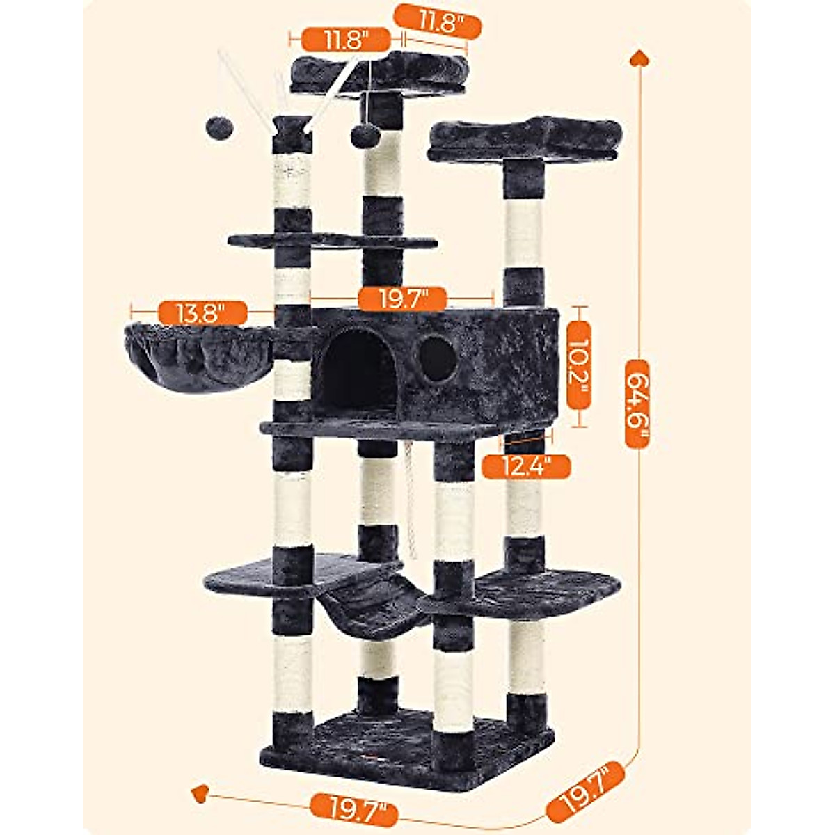 FEANDREA Cat Tree, Large Cat Tower, 64.6 Inches, Cat Activity Center with Hammock, Basket, Removable Fur Ball Sticks, Cat Condo, Smoky Gray UPCT087G01