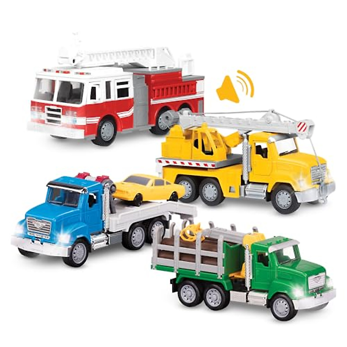 Driven by Battat – 4 Toy Vehicles for Kids&Toddlers – 7.5" Crane Truck, 7.5" Tow Truck, 7.5" Fire Truck, 7" Log Truck – Lights & Sounds – Gift Construction Toys for 3 Year Old+