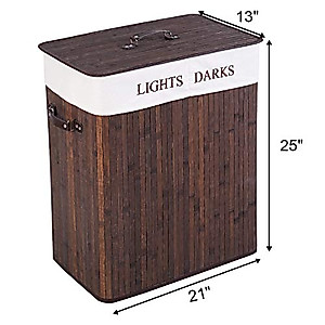 Giantex Double Laundry Hamper Bamboo Foldable Rectangle Hamper with Lid,Cloth Liner and String Handles Storage Bag Laundry Basket(Brown)