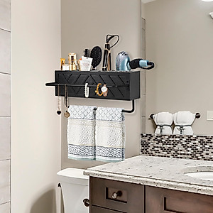Hair Tool Organizer Wall Mount, Hair Dryer Holder with 2 Towel Bars, Wood Hot Tools Organizer, Rustic Bathroom Organizer Blow Dryer Holder For Bathroom Decor, Flat Iron, Curling Wand, Brushes(Black)