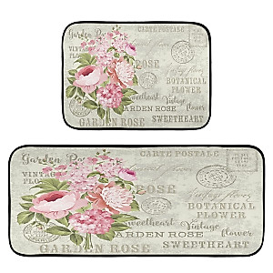 ALAZA Shabby Chic Rose Floral Blossom Non Slip Kitchen Floor Mat Set of 2 Piece Kitchen Rug 47 x 20 inches + 28 x 20 inches for Entryway Hallway Bathroom