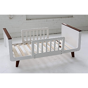 Little Partners MOD Kids Bed - Solid Wood Classic Design Transitional Toddler Bed with Rails for Children's Bedroom with Two Safety Guards, Low-to-Ground Profile (White/Espresso)