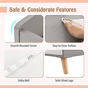 Costzon Baby Changing Table, 2 Drawer Infant Diaper Changing Station with Waterproof Changing Pad, Solid Wood Legs, Changing Table Dresser for Nursery (Gray)