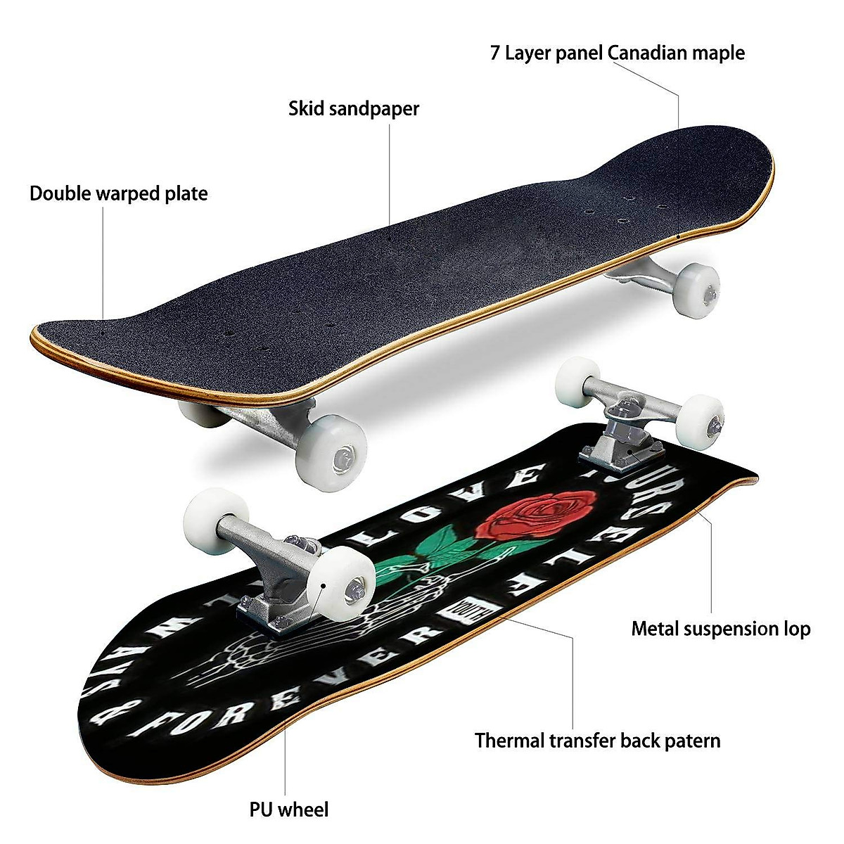 Classic Concave Skateboard Skeleton Hand Holding a red Rose Vector Illustration for t Shirt and Longboard Maple Deck Extreme Sports and Outdoors Double Kick Trick for Beginners and Professionals