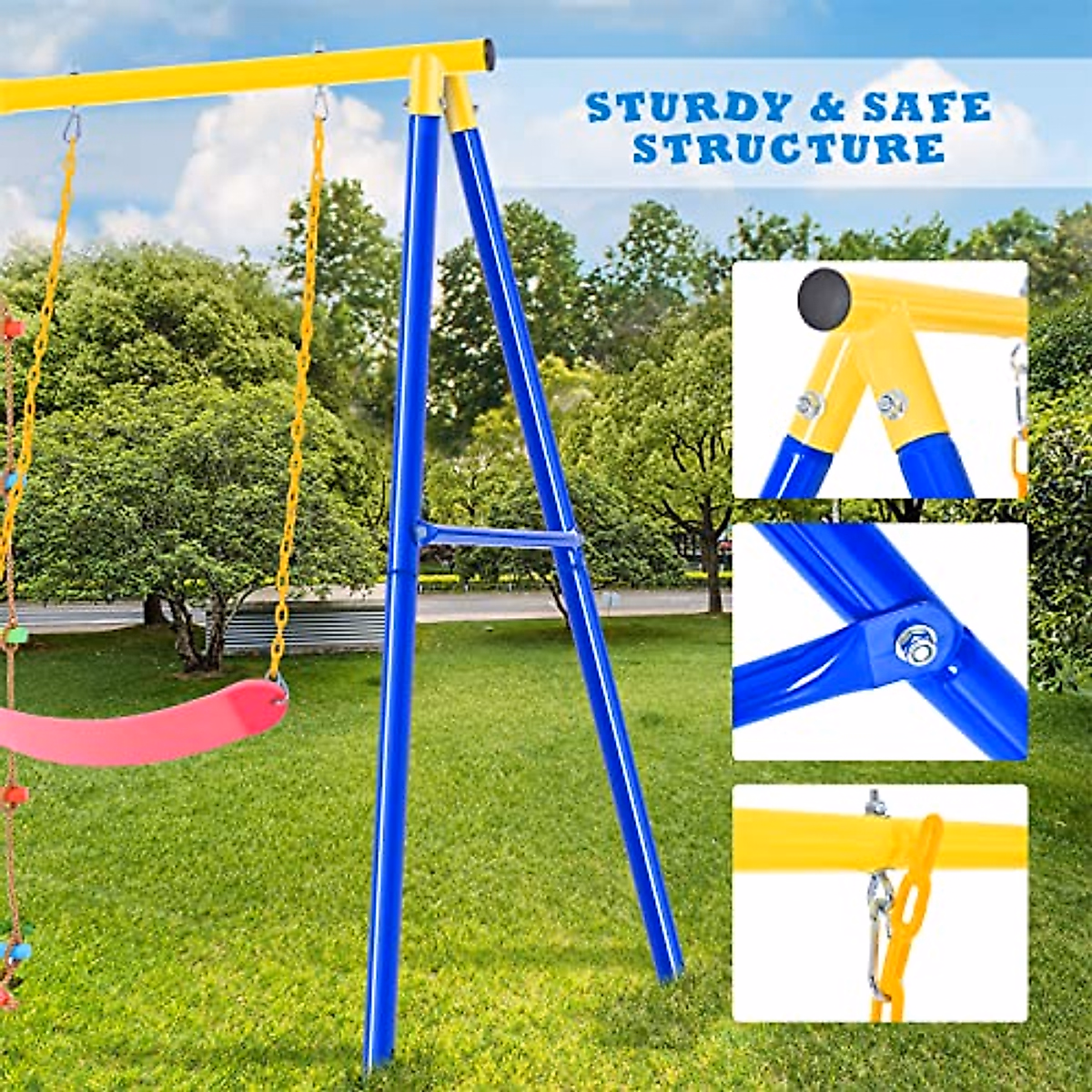 Swing Set for Backyard, 3 in 1 Metal Kids Swing Sets with 2 Pack Swings Seats and Climbing Ladder Playset for Children and Adult Indoor Outdoor Activity Playground Park
