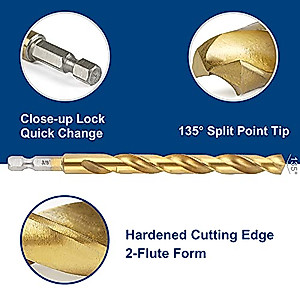 COMOWARE Titanium Twist Drill Bit Set - 13 Pcs Hex Shank High Speed Steel for Wood Plastic Aluminum Alloy, Quick Change, 1/16"-1/4"