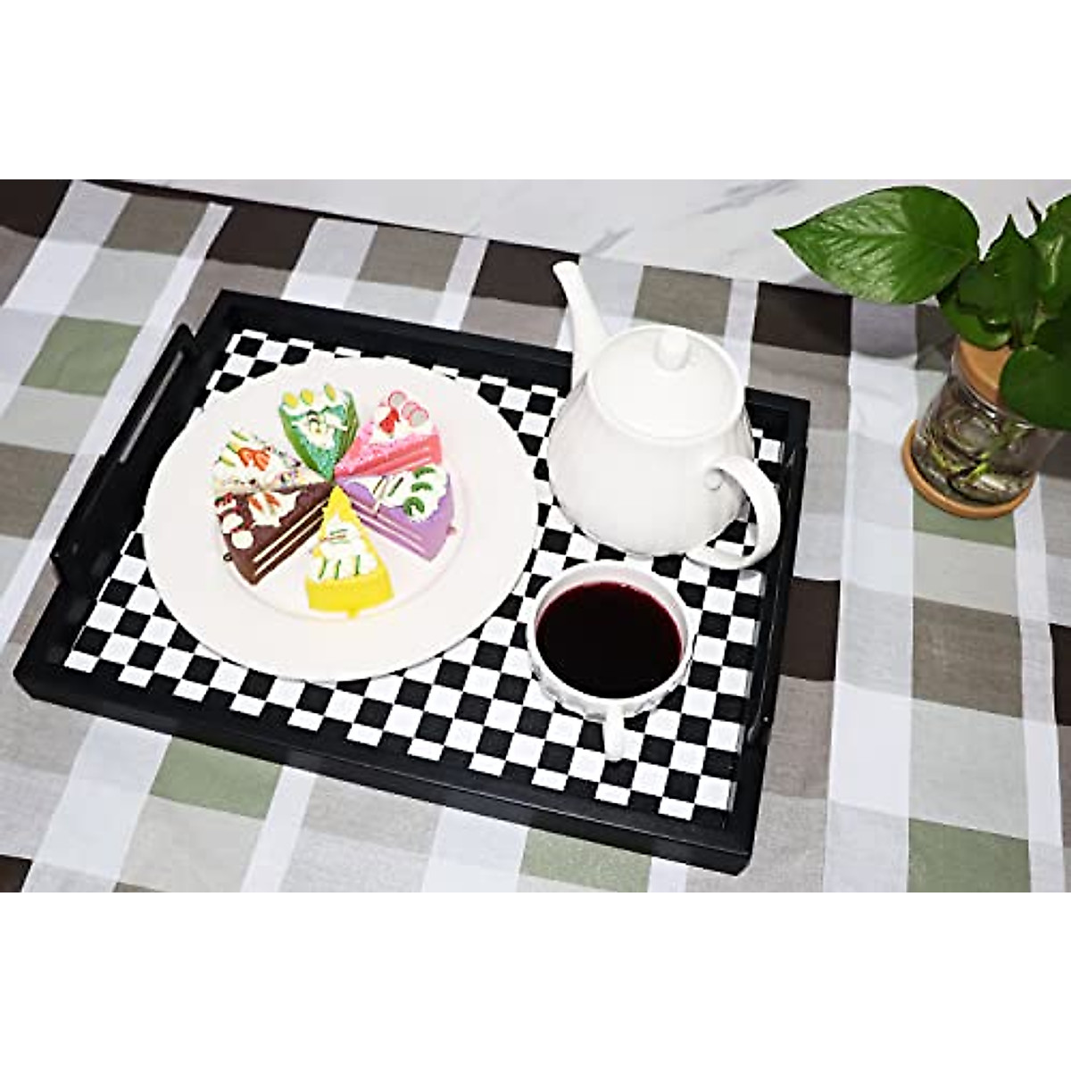 MCBZ Living Room Bedroom Decorative Tray, Coffee Table Kitchen Serving Tray, PU Leather Tray with Metal Handle 16.5 x 12.6 inches (Black and White Grid)