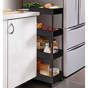 4 Tier Rolling Cart Slim Storage Cart with Wheels Slim Slide-Out Storage Organizer Cart for Kitchen Pantry Living Room Narrow Space, Black