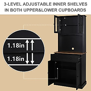 VEIKOUS 72" Kitchen Pantry Buffet Hutch, Freestanding Tall Storage Cabinets with Glass Doors, Pantry Countertop with Drawer and Adjustable Shelves, Black