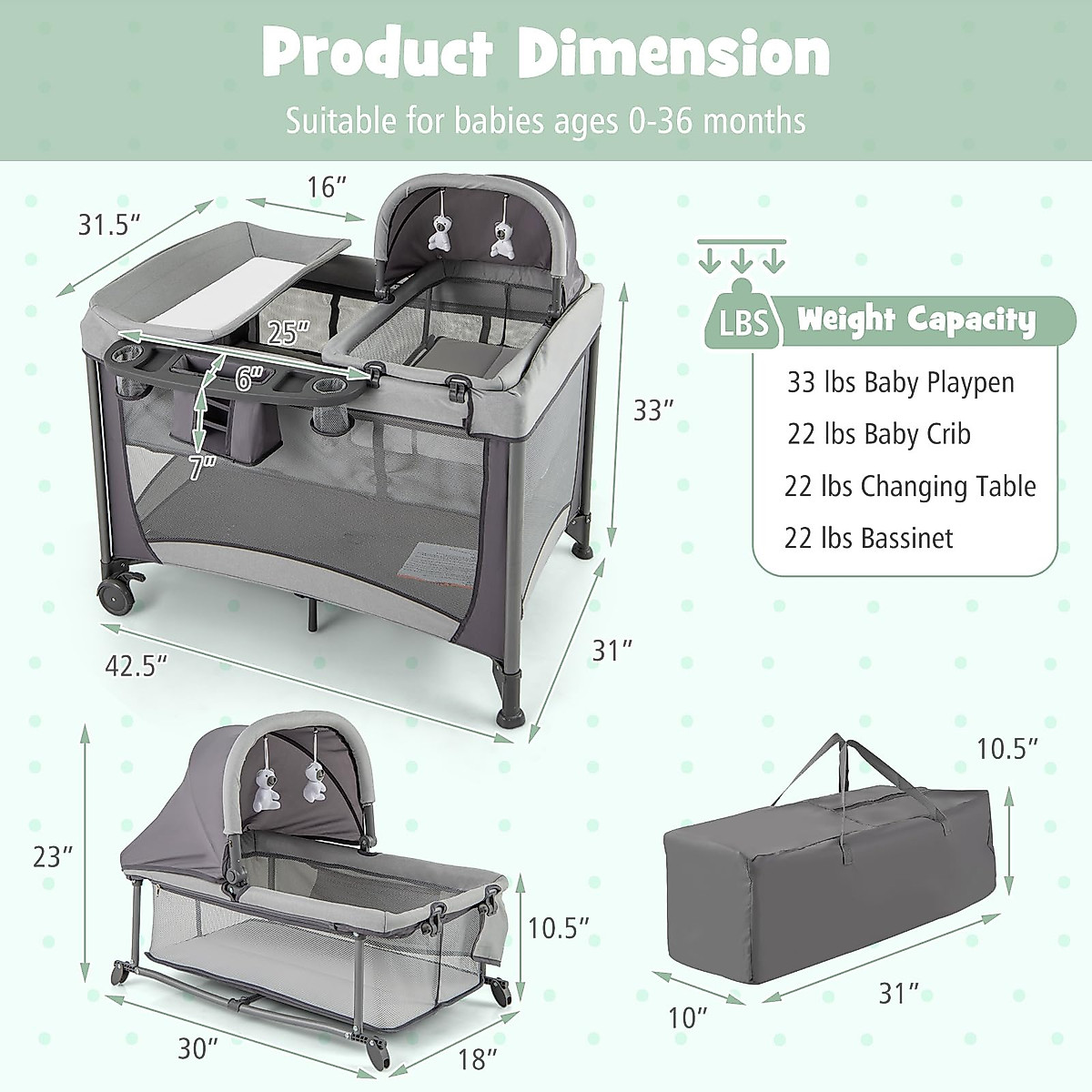 HONEY JOY Pack and Play with Bassinet, 4-in-1 Baby Playard with Changing Table & Removable Infant Full-Size Bassinet, Diaper Storage Basket & Music, Foldable Nursery Center w/Carry Bag (Gray)