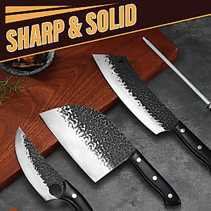 Golden Bird Butcher Knife Set - 4pcs Hand Forged Meat Cleaver Knife & Serbian Chef Knife & Sharp Viking Knife for Meat Cutting, Camping, BBQ, Men's Birthday Gift