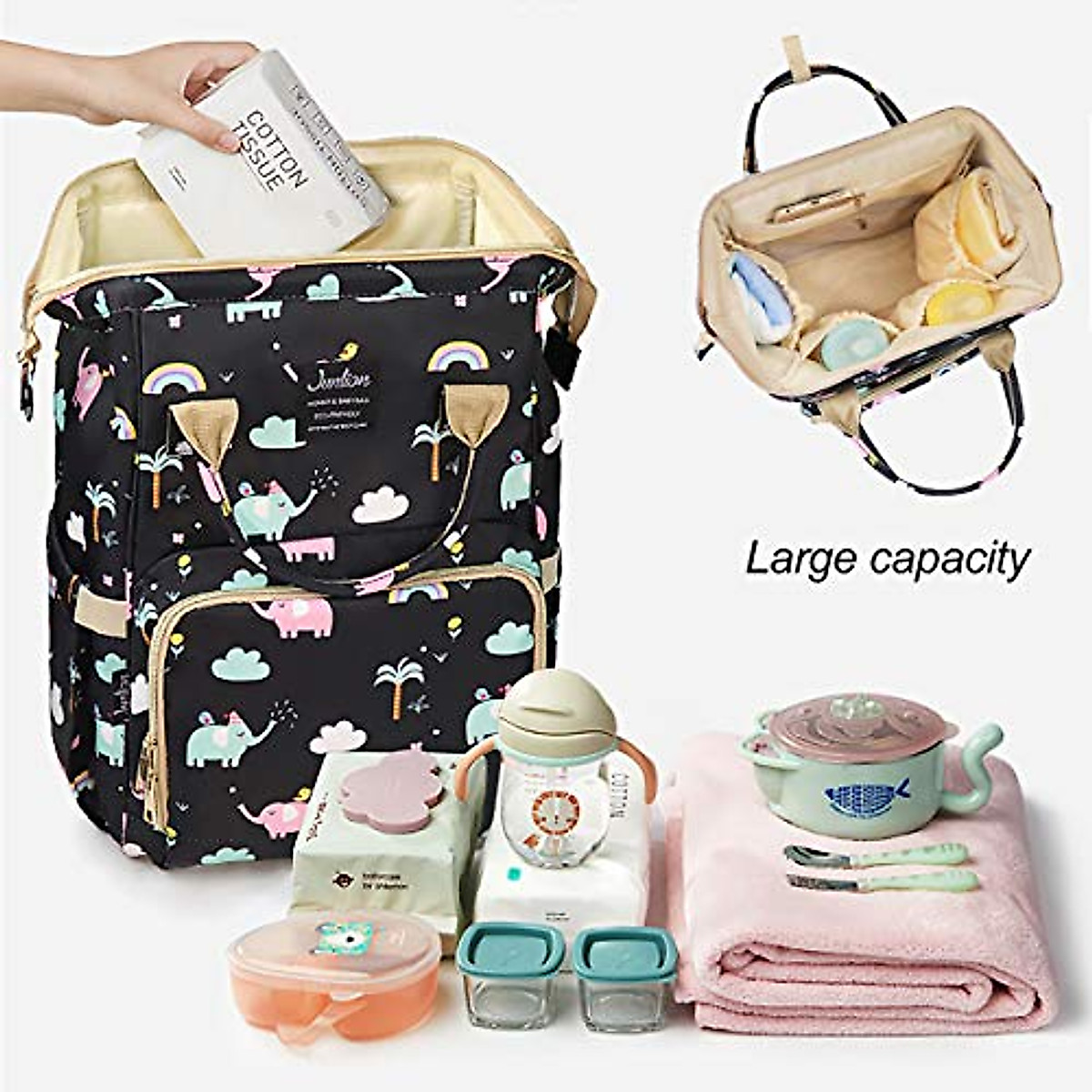 Junlion Diaper Bag, Waterproof Diaper Backpack Baby Nappy Bags with Hooks + Independent Dirty Diaper Pouch Elephant