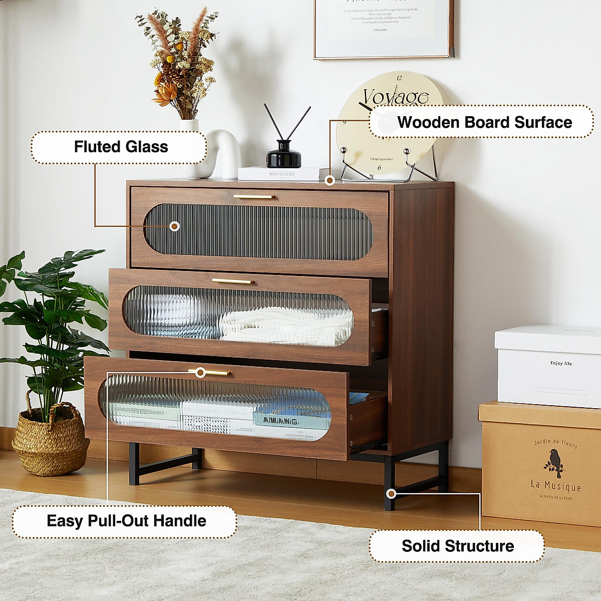 UHMUVFM 3 Drawer Dresser, Small Dresser with Tempered Glass Drawer Design, Modern Wood Chest of Drawers for Bedroom, Home Office (Walnut1)