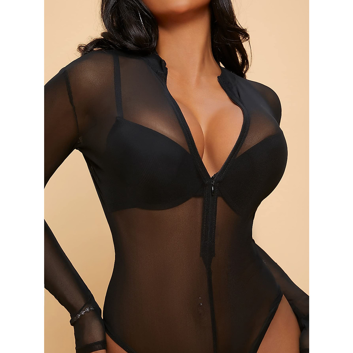 Floerns Women's Sheer Mesh Zipper Up Long Sleeve Leotard Bodysuit Top Black L