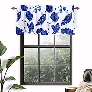 DriftAway Gianna Floral Leaf Botanical Lined Thermal Insulated Energy Saving Window Curtain Valance for Living Room Bedroom Kitchen Rod Pocket 2 Pack 52 Inch by 18 Inch Plus 2 Inch Header Navy