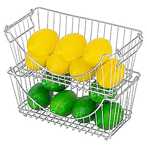 Smart Design Stacking Baskets Organizer w/ Handle - Medium - Steel - for Food, Fruit, & Vegetable Safe - Kitchen (12.63 x 5.5 Inch) [Chrome] (2 Pack)