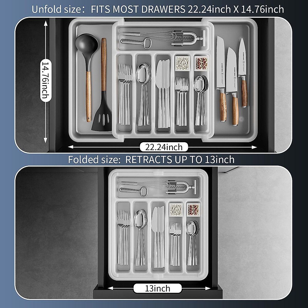TAELXIID Silverware Drawer Organizer, Expandable Utensil Tray for Kitchen, BPA Free Flatware and Cutlery Holder, Adjustable Plastic Storage for Spoons Forks Knives, Large, Clear