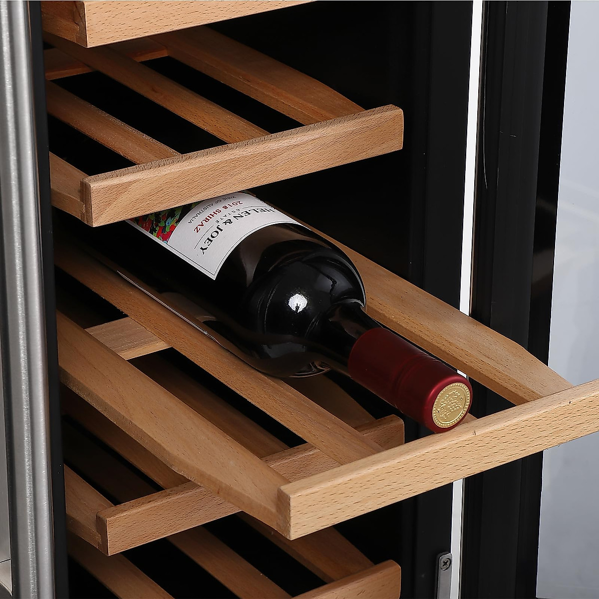 Aprafie Wine and Beverage Refrigerator, 24 inch 55 Cans and 20 Bottles Large Dual Zone Wine Cooler with Quiet Compressor, Blue LED, Dual Temperature Under Counter Wine Fridge