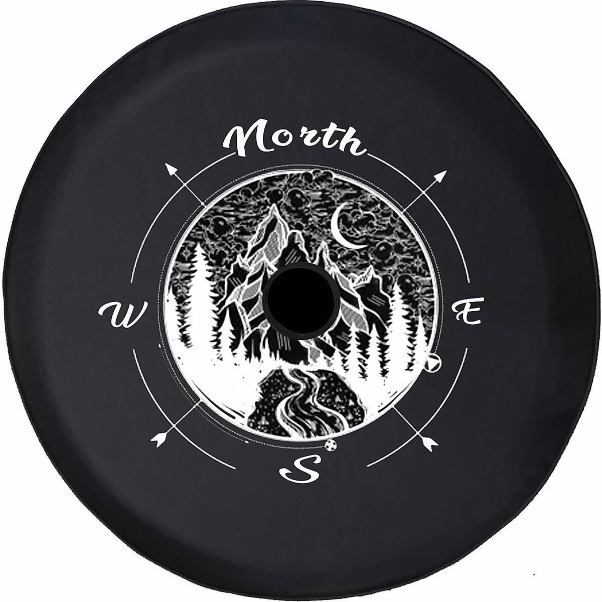 JL Series Spare Tire Cover with Backup Camera Hole Compass Geometric Mountain Scene Night Sky Travel Black 33 in