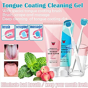 lunhaifi 2023 New Probiotic Tongue Cleaning Gel Set, Tongue Scraper Precise Cleaning Brush Kit, Easy to Use Tongue Scrubber for Men Women with 1Tongue Brush (Mint+Peaches)