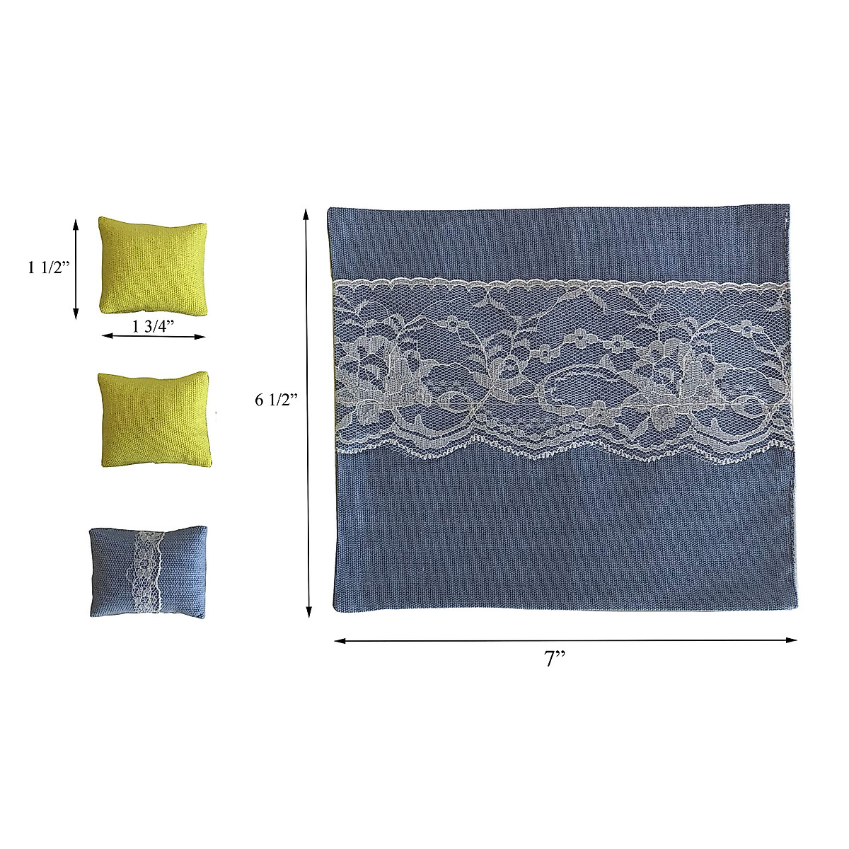 Dollhouse Bedding, 4 Piece Set with Comforter & Pillows, Blanket, Realistic Bedroom Accessories for 6 inch Dolls, 1/12 Scale, Blue Yellow